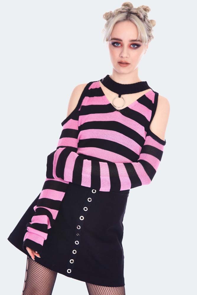 Dusty Pink Stripe Cold Shoulder Jumper | Alternative Clothing Store ...
