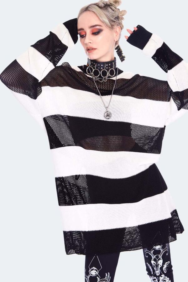 White And Black Contrast Knit Oversized Jumper | Alternative Clothing ...