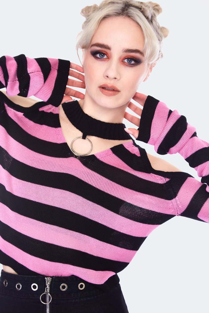 Dusty Pink Stripe Cold Shoulder Jumper | Alternative Clothing Store ...