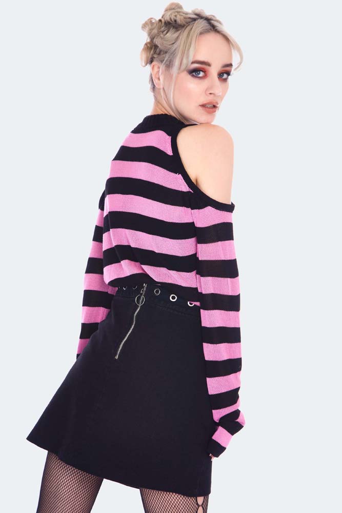 Dusty Pink Stripe Cold Shoulder Jumper | Alternative Clothing Store ...