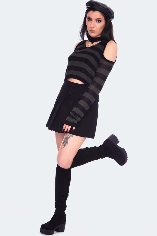 Khaki Stripe Cold Shoulder Jumper | Alternative Clothing Store | Gothic ...